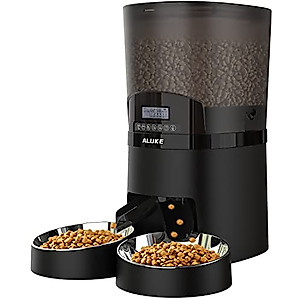 Automatic Cat Feeder for 2 Cats, ALUKE 6.5L Pet Feeder for Cats & Dogs Dry Food Dispenser with Desiccant Bag, Stainless Steel Bowls & Lock Lid, Dual Power Supply 10s Meal Call 6 Meals Per Day