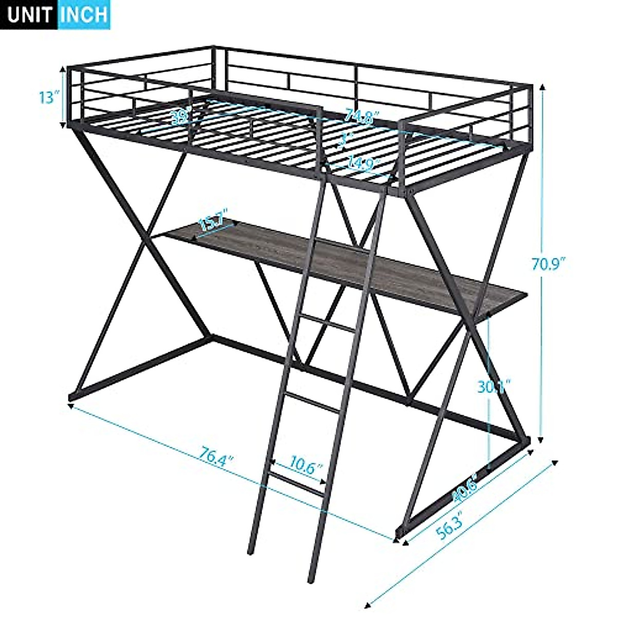 ATY Metal Loft Bed with Wood Desk and Ladder, X-Shaped Twin Size Bedframe w/Full-Length Guardrails, for Kids Teens Adults, Bedroom Furniture, Black