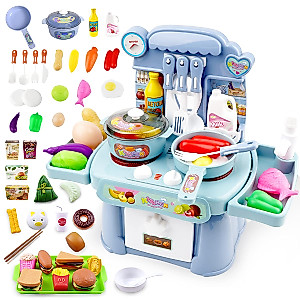 Kitchen Toys Imitated Chef Light Music Pretend Cooking Food Play Set Children Girl Toy Gift Fun Game Toy Kitchen Sink with Running Water and Electronic Induction Stove (blue kitchen and more food)