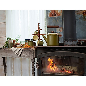 Barebones 2-Tone Enamel Teapot - Vintage Inspired Design - Baked Stainless Steel Rim - FSC Certified Natural Walnut Handle Tea Kettle - 1.5 Liters, 6 Cups (Olive Drab)