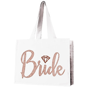 Rose Gold Bride Tote Bag - Giant Brides Tote with Diamond Motif, Bridal Shower Gift & Bridal Accessories - White Tote(DBride RSG) WHT