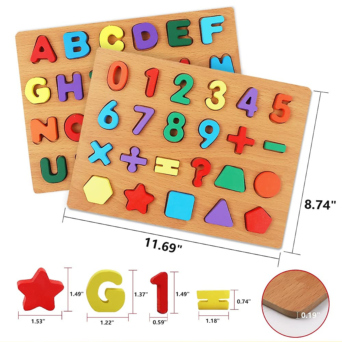 Puzzles for Toddlers, 2 Pack Wooden ABC Alphabet Number Shape Puzzles Toddler Learning Puzzles Toys Ages 1-3, Preschool Educational Toys Gift for Kids Boys Girls 2-4 Years Old