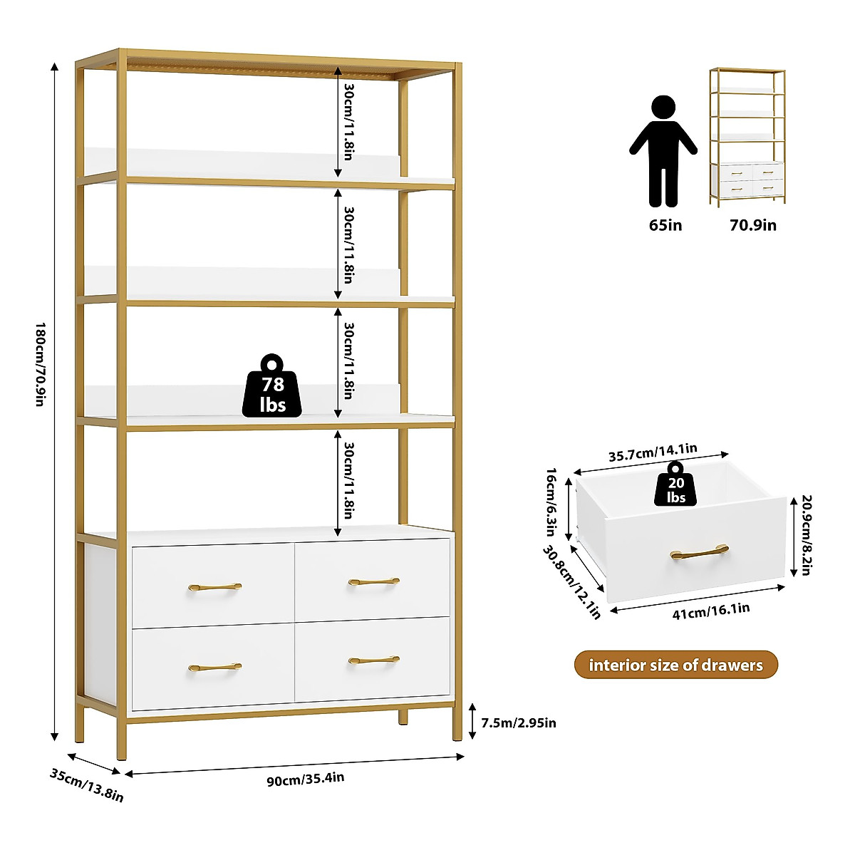 HITHOS 5 Tier Bookshelf with Drawers, 71" Tall Bookcase with Shelves, 35.4" Wide Free Standing Book Storage Shelf, Modern Wood Display Cabinet for Living Room, Study, Home Office, White Gold