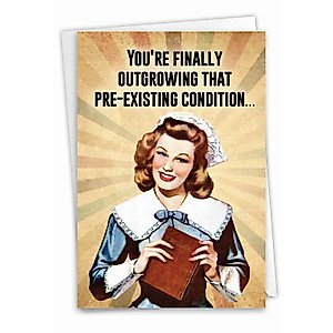 NobleWorks - 1 Funny Happy Birthday Greeting Card - Retro Woman Humor, Notecard Talk Bubbles - Pre-Existing Condition C9364BDG