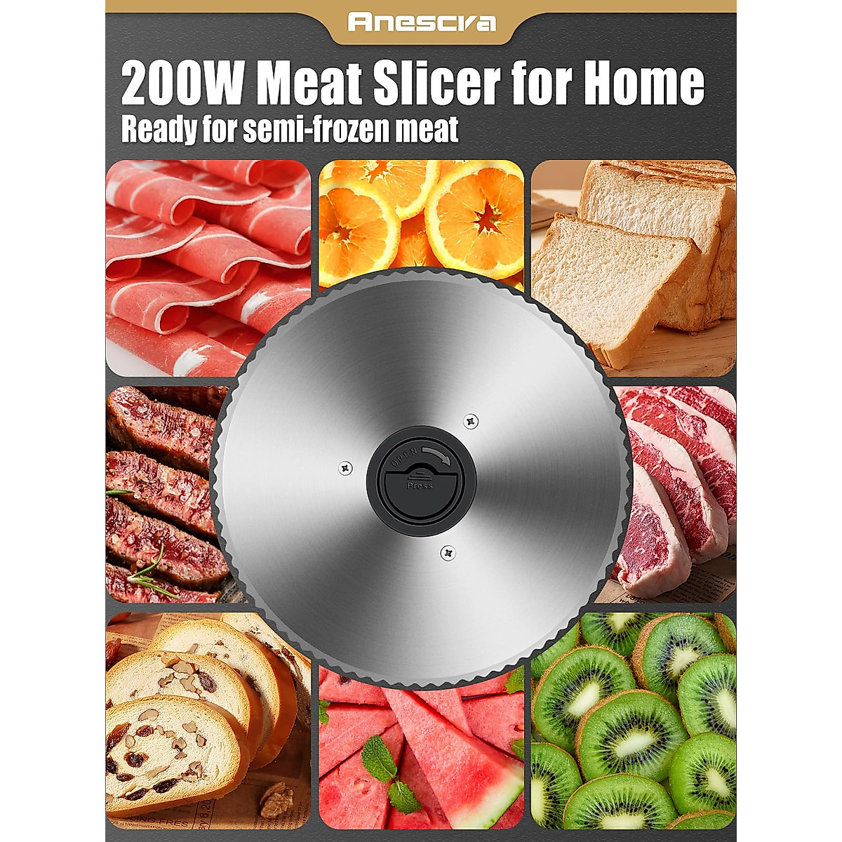 Meat Slicer, Anescra 200W Electric Deli Food Slicer with Removable 7.5’’ Stainless Steel Blade and Food Carriage, 0-15mm Adjustable Thickness Meat Slicer for Home, Food Slicer Machine