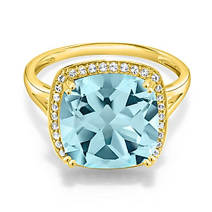 Gem Stone King 10K Yellow Gold Sky Blue Topaz and White Created Sapphire Ring For Women (8.54 Cttw, Cushion 12MM, Gemstone Birthstone, Available In Size 5, 6, 7, 8, 9)