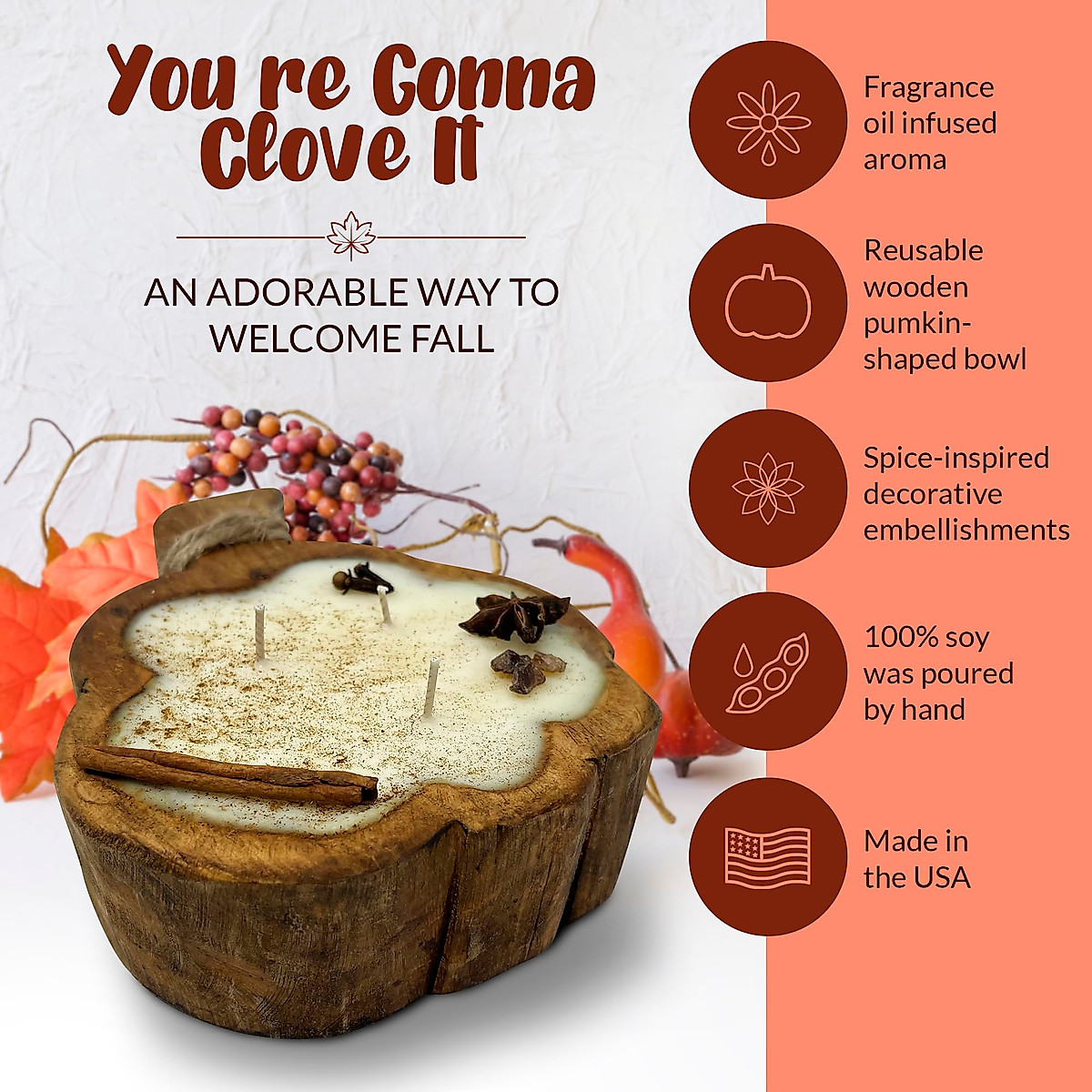 Dough Bowl Candle Co. Pumpkin Candle - 8"x6"x1.5" Pumpkin Spice Candles with 35 Hour Burn Time, Wooden Fall Candles with 100% Soy Wax, 3 Wick Fall Scented Candles, Fall Room Decor, Autumn Candle