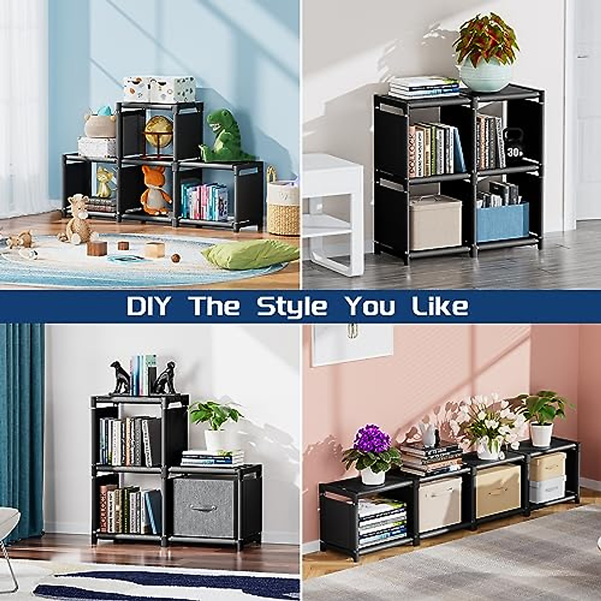 Mavivegue Book Shelf, 4 Cube Storage Organizer, DIY Bookcase, Metal Cube Bookshelf,Book case for Bedroom, Living Room,Office,Closet Storage Organizer, Black Cubicle Storage Rack