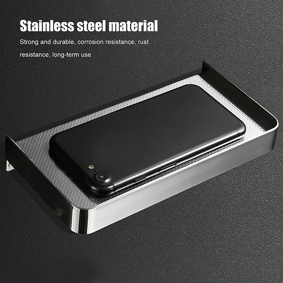 Phone Shelf Stainless Steel Bathroom Phone Holder Wall Mounted Thick Phone Storage Shelf Toilet Accessory 185x90mm(Silver)