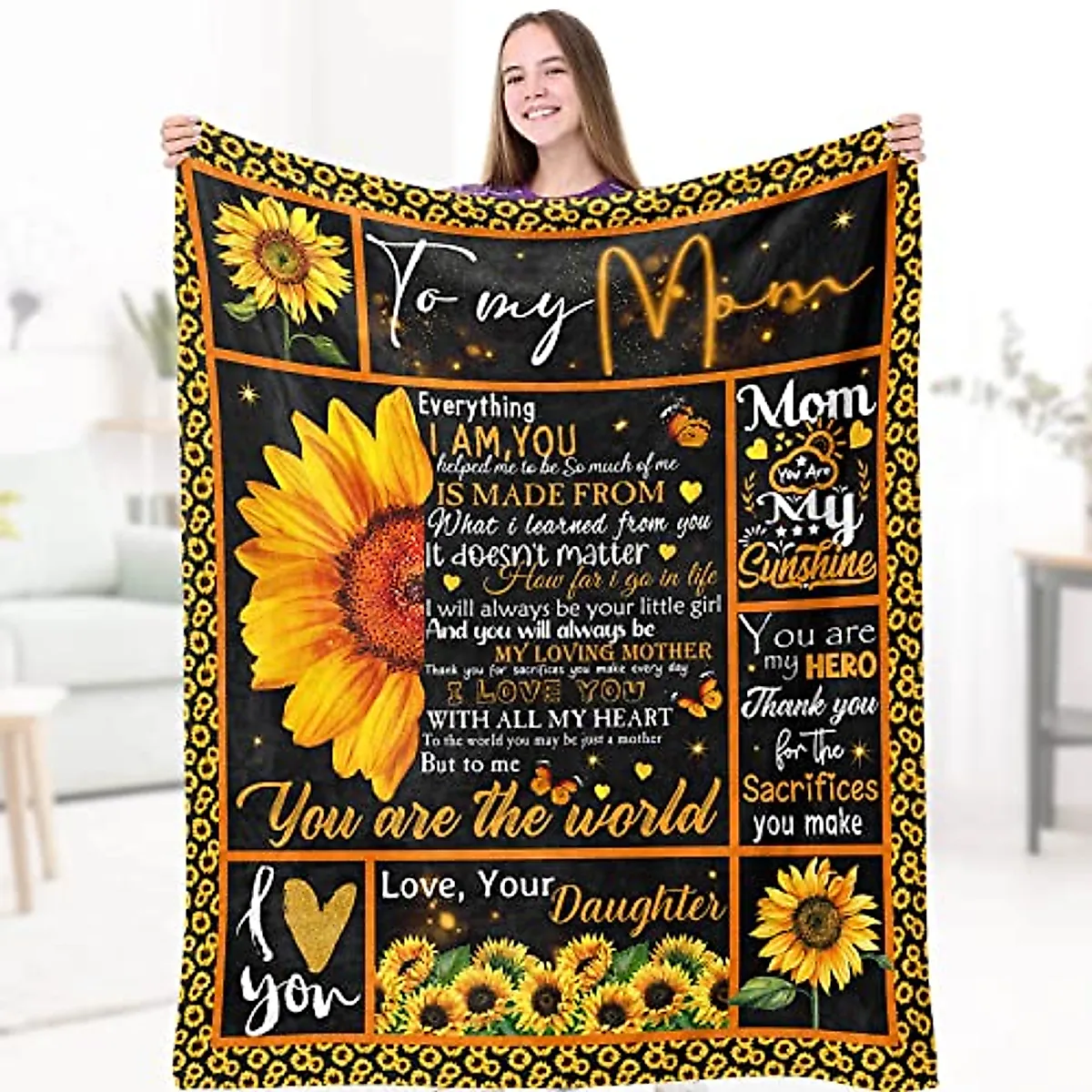 Jekeno Sunflower Throw Blanket Gifts for Mom Daughter Blanket Gift for Mother, Sunflower Love Mama Themed Bed Sofa Decoration Throws Mother’s Day Birthday Present 50"x60"