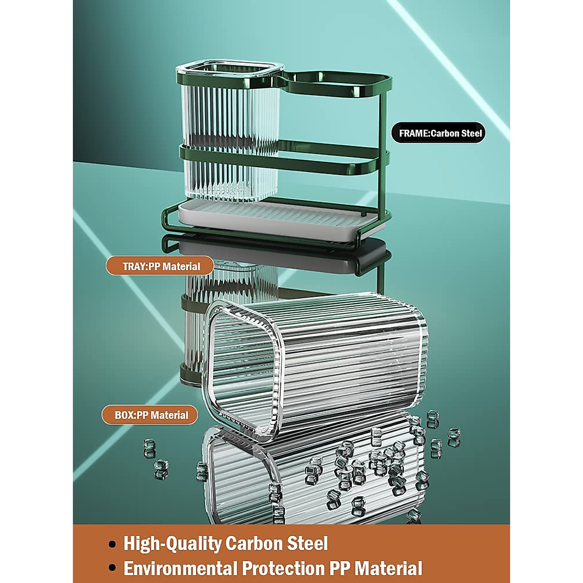 FEIJSQIU Utensil Holder with 2 Compartments Cooking Utensil Holder for Cooking Tools Storage and Utensil Organizer Utensil Drying Rack has Tray at Bottom for Easy Drainage.Clean Easy (Green)