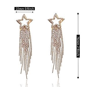 GUOXIAOMEI Bling Women Tassel Earrings Star Ear Stud Pave Crystal Dangle Earrings Boho Waterfall Beaded Fringe Drop Earring (Gold)