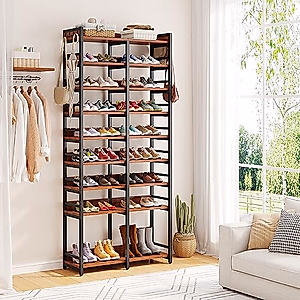 Tribesigns Open Shoe Cabinet, 9-Tier Tall Wooden Shoe Rack with Side Hooks for Entryway, Freestanding 36 Pairs Wood Shoes Storage Shelf Cabinet with Heavy Duty Metal Frame, Black Rustic Brown