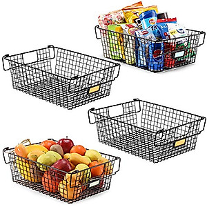 4 Pack [ XXXL Large ] STACKABLE Wire Baskets for Organizing - Pantry Storage and Organization Metal Bins for Produce, Food, Fruit - Kitchen Bathroom Closet Cabinet, Countertop, Under Sink Organizer