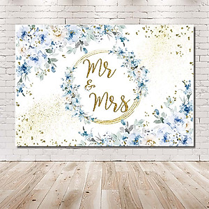 MEHOFOND 7x5ft Blue Floral Backdrop for Mr and Mrs Engagement Party Decorations Couples Wedding Golden Dots Glitter Photography Background Anniversary Ceremony Bridal Shower Banner Photo Booth Props