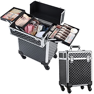 Mecucasi Rolling Makeup Train Case Large Cosmetic Trolley Organized Aluminum Barber Case for Hairstylist Makeup Nail Tech Salon with Keys Swivel Wheels Traveling Cart Trunk - Black