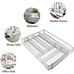 YDYBY Mesh Silverware Tray for Drawer, Expandable Flatware Organizer - Cutlery Holder 6 Compartment Mesh Small Cutlery Tray - Silverware Storage Kitchen Utensil Flatware Tray,Silver