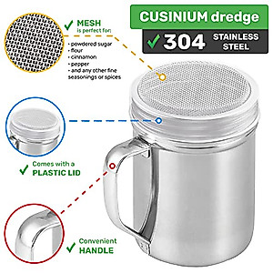 CUSINIUM Powdered Sugar Shaker Duster - With Handle - Cinnamon Shaker For Coffee Bar - Fine Mesh Dredge - 6 ounce, pack of 2 | Style: Fine