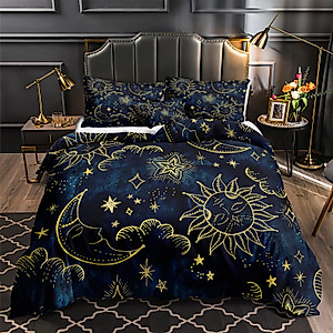 Merryword Sun and Moon Comforter Set Queen Size Blue Gold Bedding Comforter Blue Universe Galaxy Sun Moon Pattern Bohemian Gothic Comforter Set for Kids Boys Teens