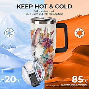 40 Oz Vacuum Tumbler with Black Handle Leakproof Insulated Tumbler Watercolor Rabbit And Flowers Stainless Steel Travel Mug with Lid And Straw Coffee Cup Cute Water Bottles Cup Holder Friendly