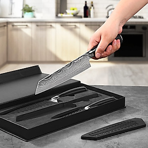 SANDEWILY 3 Piece Japanese Ultra Sharp Kitchen Chef Knife Set Pro German High Carbon Stainless Steel(7CR17MOV) with Sheaths & Gift Box Black Handle