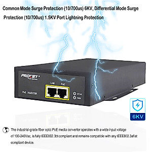 PROCET PoE Iniector 95W Active PoE++ Gigabit PoE Power Injector, 6KV Surge Protection Industrial Grade -104° F to 149° F for PTZ Camera, Wireless AP, PoS System, Kiosks, PT-PSE109GBRO