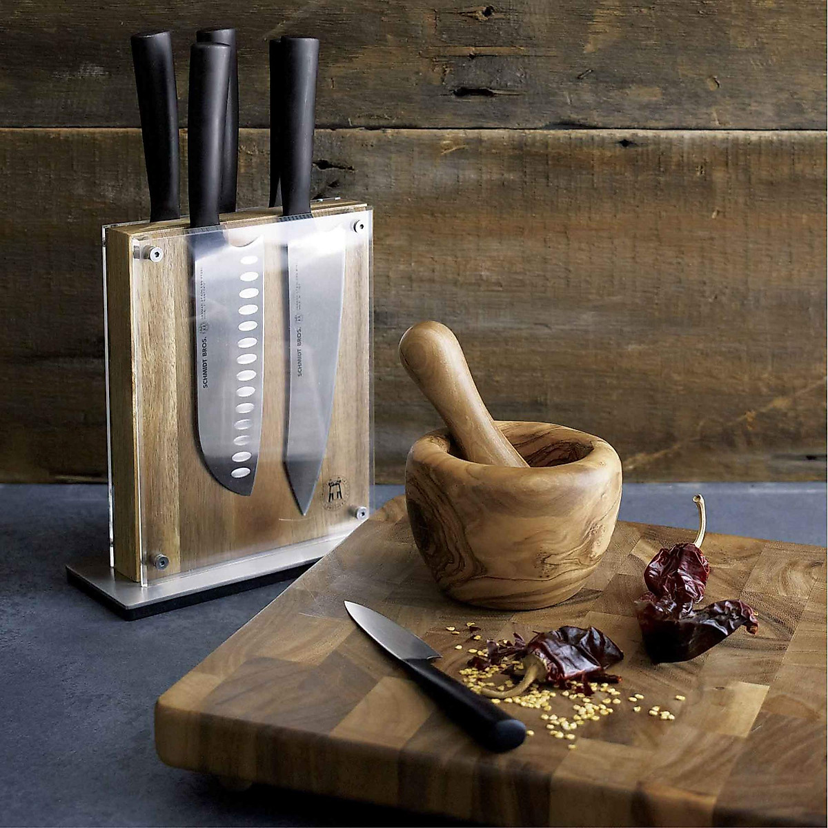 Schmidt Brothers - Carbon 6, 7-Piece Kitchen Knife Set, High-Carbon Stainless Steel Cutlery with Midtown Acacia and Acrylic Magnetic Knife Block