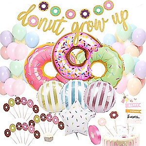 foci cozi,58PCS Donut Birthday Party Set Decorations Kit-Donut Grow Up Banner Mylar Foil,Latex Balloons Cupcake,Cake DIY Toppers for Donut Birthday Party Decorations.