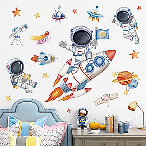 wondever Rocket Astronaut Wall Stickers Universe Space Planet Outer Space Peel and Stick Wall Art Decals for Baby Nursery Kids Bedroom Playroom