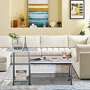 Huhote Nesting Coffee Table Set of 2 Storage End Table Modern White Faux Marble Round and Rectangular Table,2 Tiers Large Table with Metal Frame for Living Room Balcony Cabin Bed Room Dining Room.