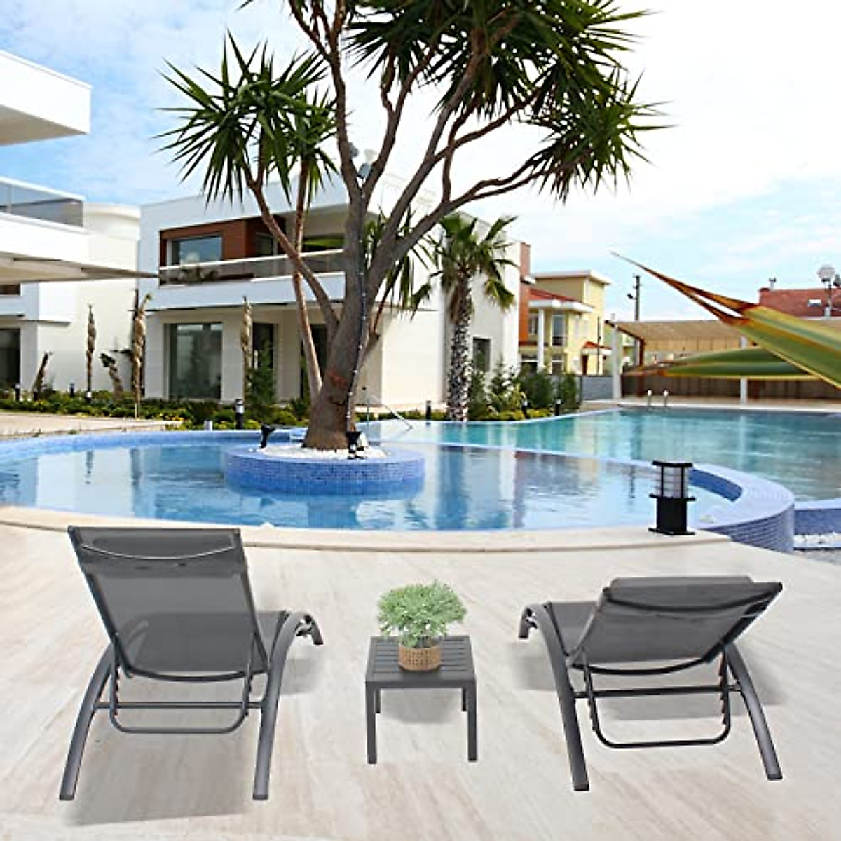 VARVIND Patio Chaise Lounge Chair Set of 3,Aluminum Outdoor Lounge Chair with Headrest,Sunbathing Lounger,Pool Tanning Chairs,Armrest Recliner Chiar with Side Table for Beach,Garden，Lawn(Grey)