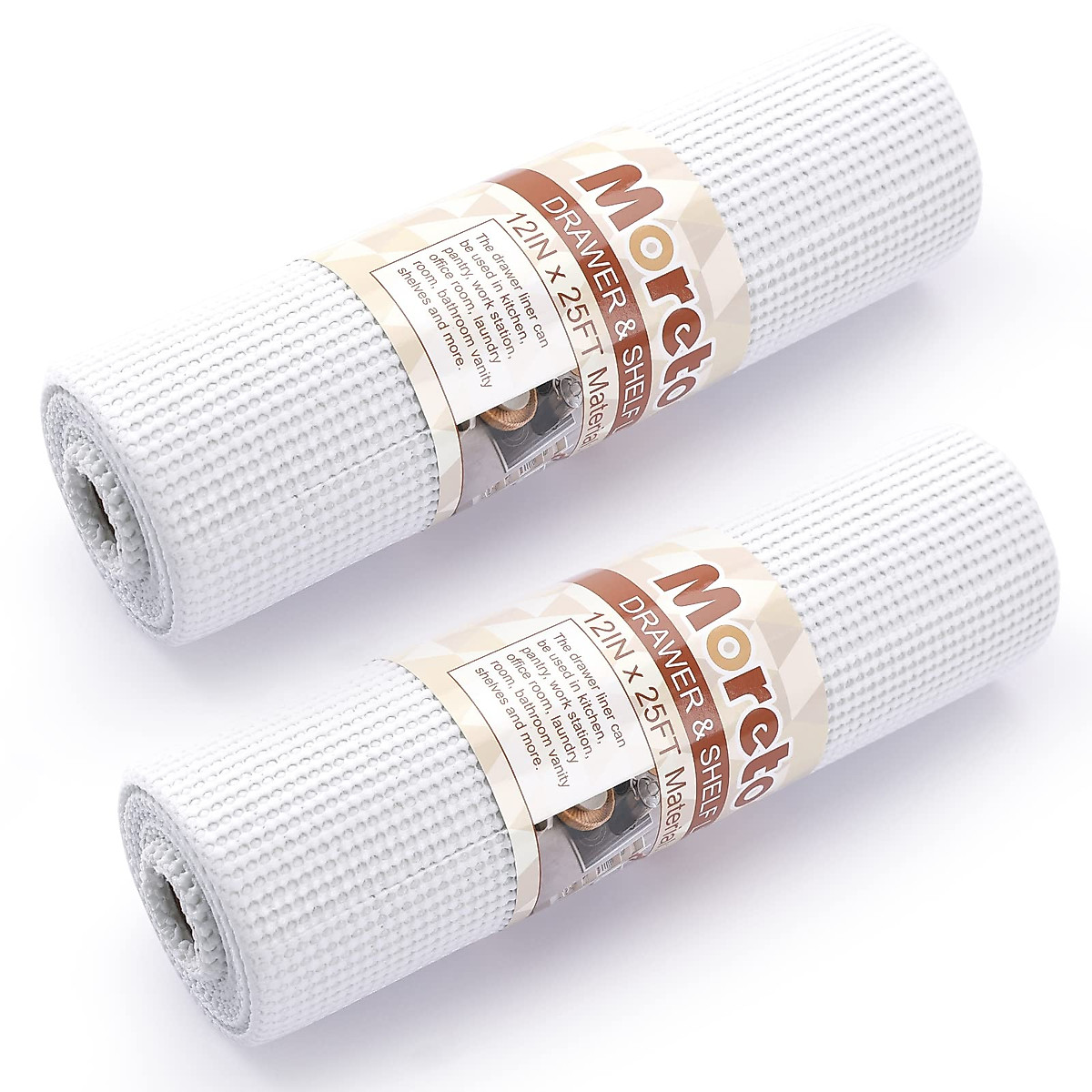 Moretoes Drawer and Shelf Liner, 2 Rolls of Non Adhesive 12 in x 25 FT Durable and Strong Cabinet Liner Non Slip for Kitchen Cupboard Pantry Table Desk Storage Organizer (White)