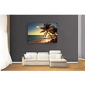 Muolunna S04981 Wall Art Decor Large Canvas Print Picture Sunset Ocean Beach Waves 1 Panel Coconut tree Scenery Painting Artwork for Office Home Decoration Stretched and Framed Ready to Hang XLarge