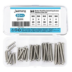 Joamang M4 x 20mm 25mm 30mm 35mm 40mm Button Head Socket Cap Screws Bolts, Stainless Steel 304, Metric Allen Hex Drive, Bright Finish, Fully Threaded, Assortment Kit 50PCS