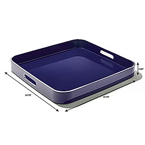 Trina Turk Set of 2 Navy Square Melamine Serving Tray with Silver Rim and Handles- Indoor & Outdoor Platter for Home Entertaining, Cocktail Hour, Snacks, Barware, Perfume (Large 14x14, Small 13x13)