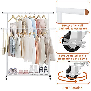 Calmootey Double Rod Clothing Garment Rack,Rolling Hanging Clothes Rack,Portable Clothes Organizer for Bedroom,Living Room,Clothing Store,White