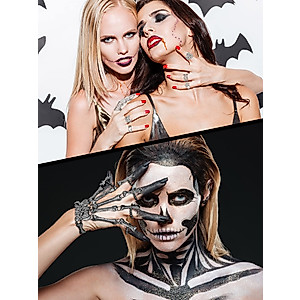 MTLEE 10 Pieces Skull Skeleton Hand Bracelets with Ring Punk Wristband Skull Fingers Hand Skeleton Finger Armor Ring for Women Joint Bracelet Knuckle Full Ring for Halloween Decoration (Black)