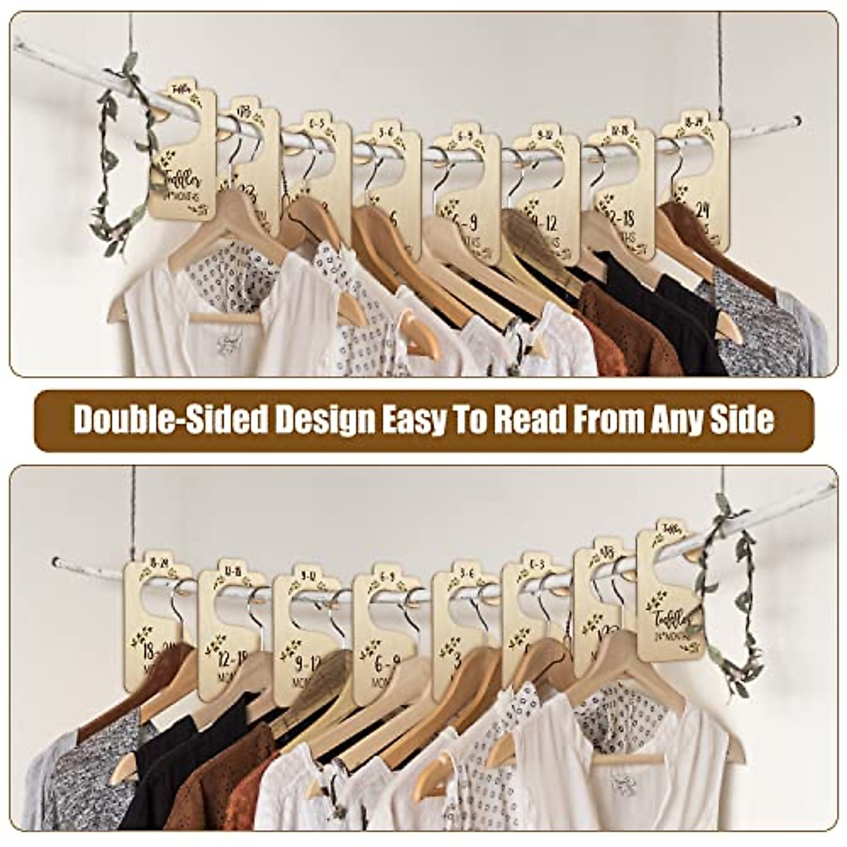 KINBOM 8pcs Baby Clothes Dividers for Closet, Double-Sided Beautiful Month Wooden Baby Closet Dividers Organizers from Newborn to 24 Months Nursery Closet Hanger for Infant Wardrobe