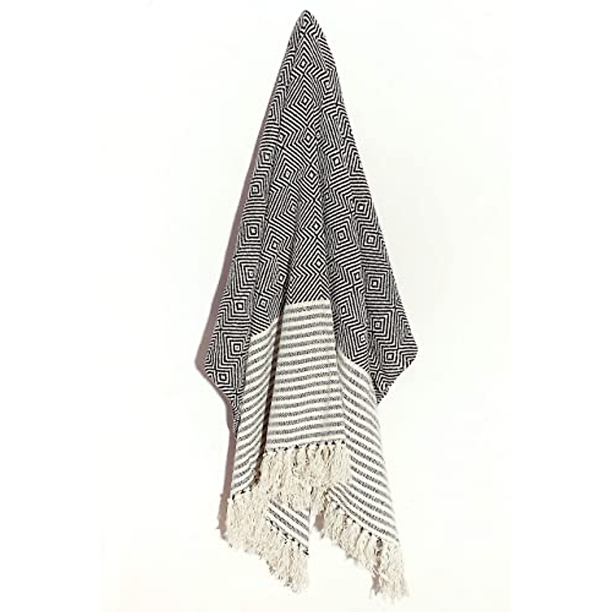 Countryside Cotton Throws with Fringes 460 GSM - Chevron Decorative Throw Blanket for Couch, Sofa, Bed, Everyday Use - Black and White (50" X 60")