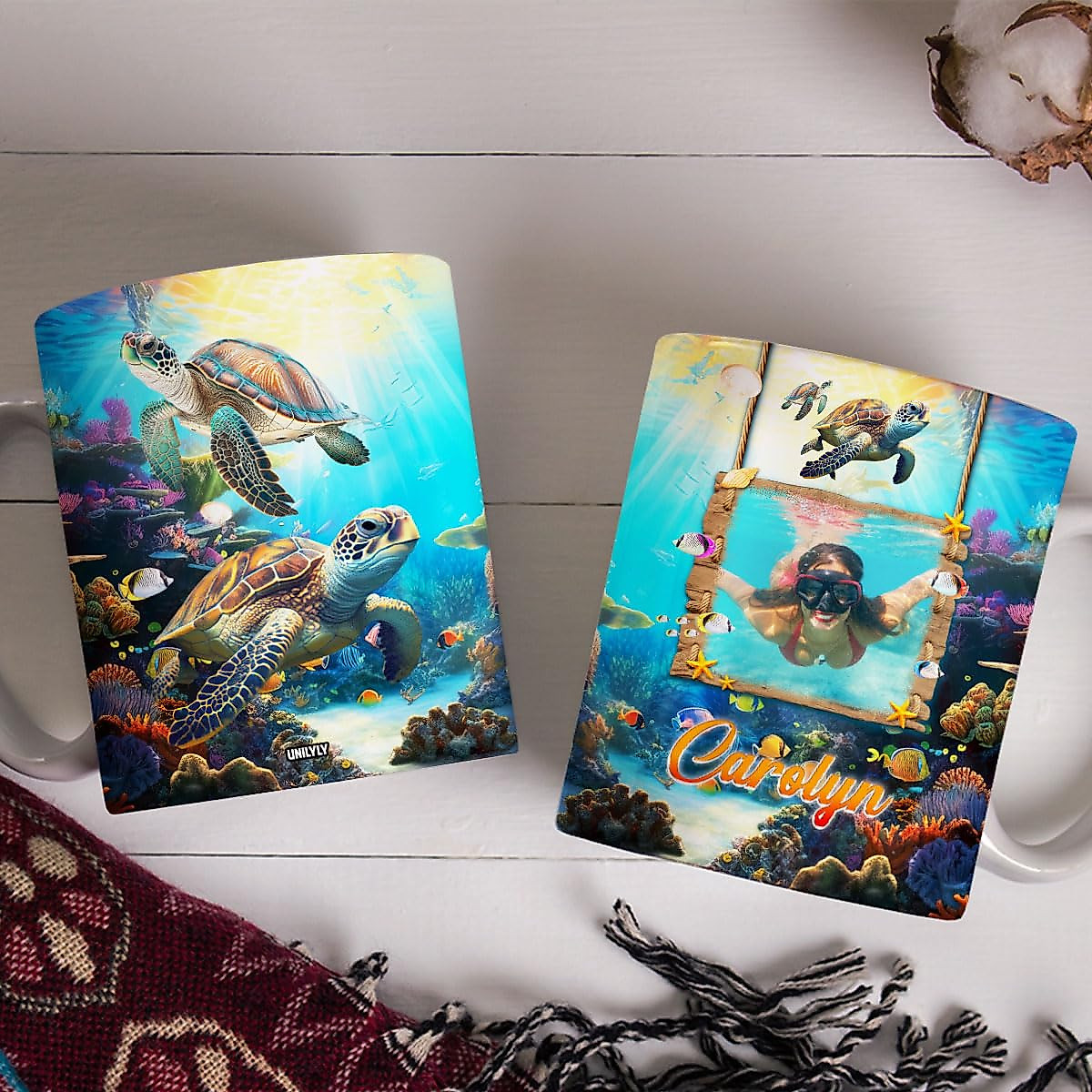 White Ceramic Coffee Mug Photo Mugs Personalized Picture Turtle Custom Name Birthday Gifts For Women Friends Teens Ocean Lovers Novelty Cup Table Desk Accessories 11 and 15 Oz