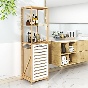 GOFLAME Tilt Out Laundry Hamper with 3-Tier Storage Shelves, 51” Tall Bathroom Storage Shelf with Removable Basket, Bamboo Laundry Basket Organizer for Bathroom, Laundry Room, Bedroom, Natural