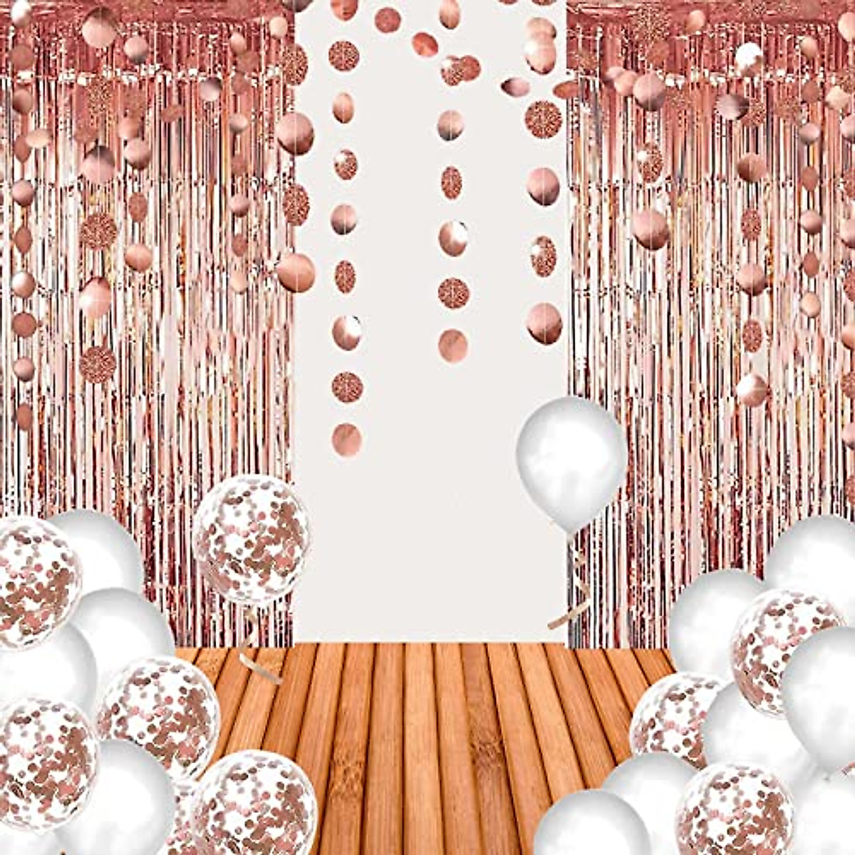 Rose Gold Party Decorations,Glitter Rose Gold Circle Dots Garland ,Fringe Curtain,Balloons,Paper Polka Dots Hanging Streamer String Bunting Banner Backdrop Decor for Birthday,Valentine,Wedding Party