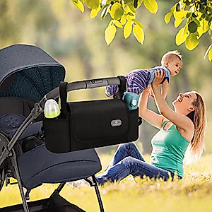 Philorn Baby Stroller Organizer, Stroller Caddy Pram Bag Buggy Organiser with Insulated Cup Holders, Shoulder Strap, Large Storage Space Bag Portable Storage Firmly Attachement 3 Ways to Carry