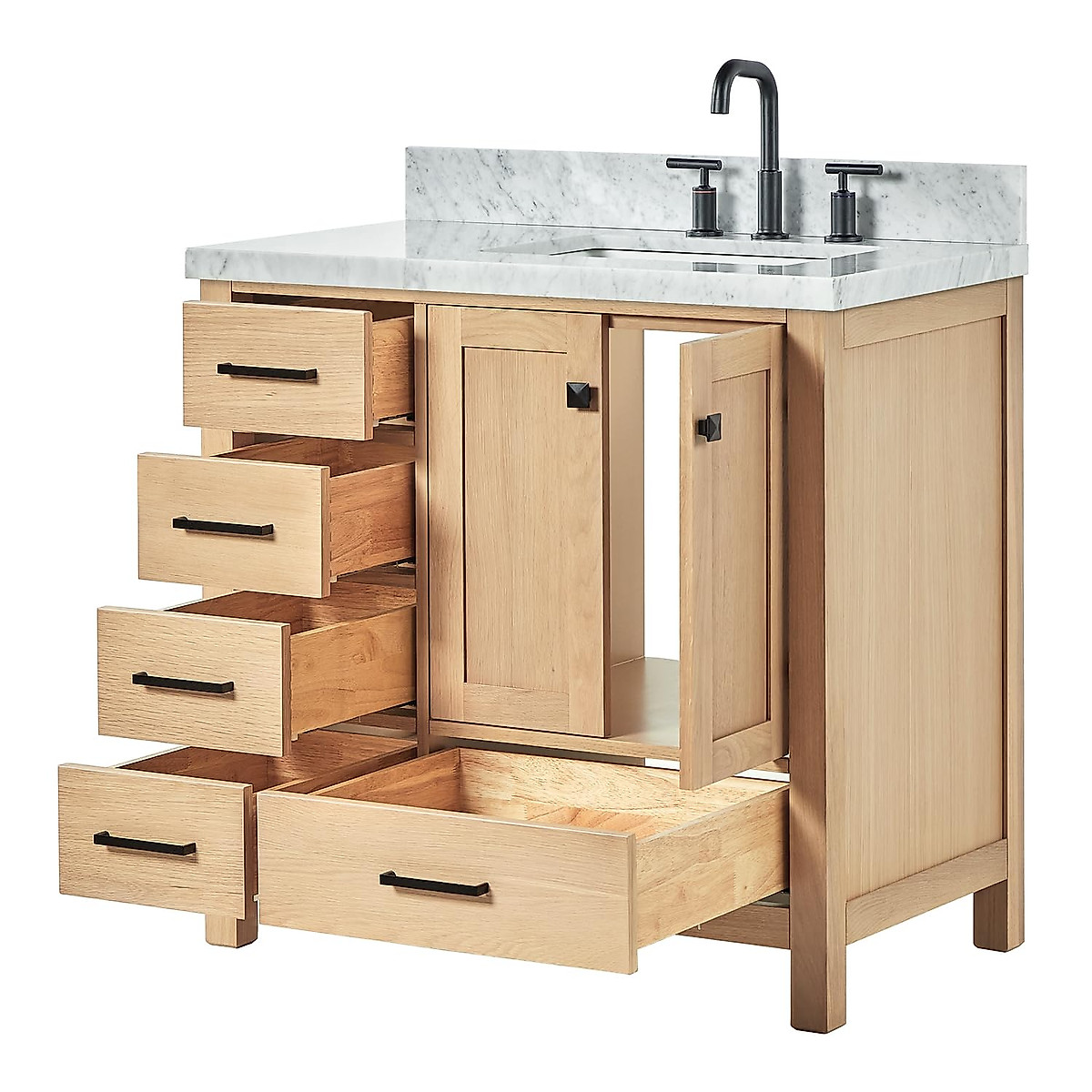 ARIEL Cambridge 37 Inch Oak Bathroom Vanity with Sink, Italian Carrara Marble Countertop 1.5 inch Edge and backsplash, Soft Closing Door and Drawer, Matte Black