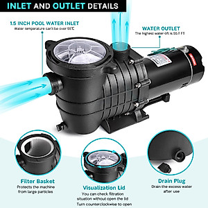 Oswerpon Pool Pump Above Ground/Inground, 2 HP 6800GPH Powerful Selfpriming Pool Pumps for 15,000-31,000 Gallons Pools, Dual Voltage Swimming Pool Pump with Strainer Basket & Drain Plug (2.0HP)