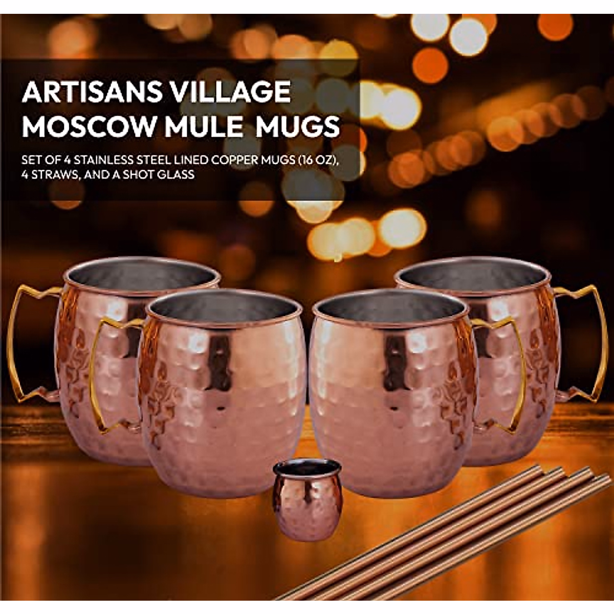 ARTISANS VILLAGE Moscow Mule Mugs | Set of 4 | Stainless Steel Lining | Pure Copper Plating | 100% Handcrafted Hammered Cups | Size 16 oz | With Premium Straws and Shot Glass
