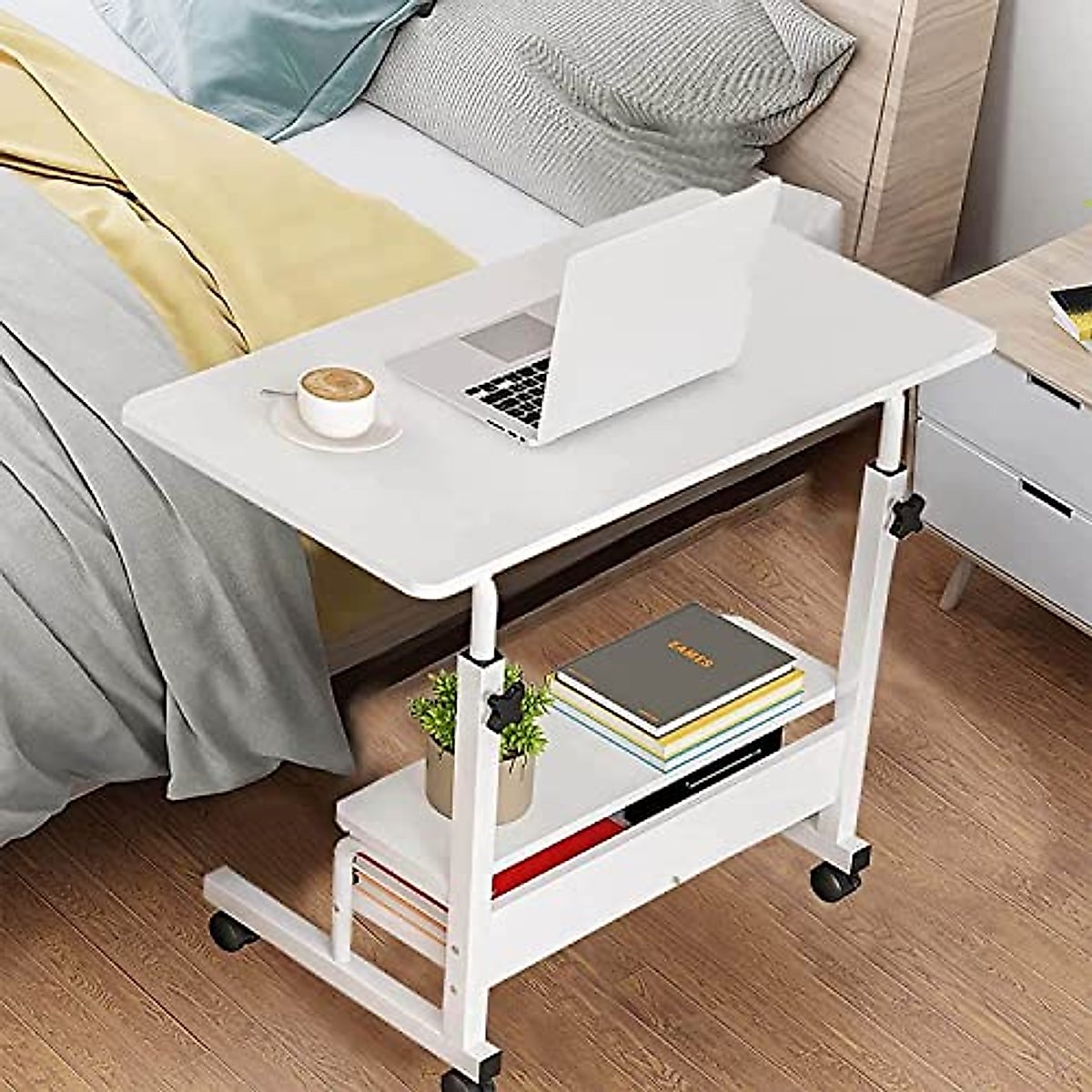 Adjustable Table Student Computer Desk Portable Home Office Furniture Small Spaces Desk Sofa Bedroom Bedside Desk Learn Play Game Desk on Wheels Movable with Storage Desk Size 31.5 * 15.7 Inch,White