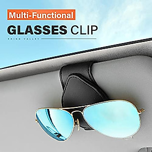 Rhino Valley Sunglasses Holders for Car Sun Visor, 2 Pack Car Glasses Holder Clip Organizer Eyeglasses Mount with Card Clip for Car Sun Visor Magnetic Adsorption Leather Glasses Hanger, Black