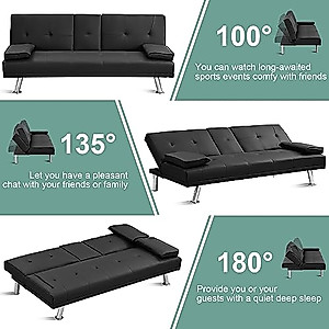 Lunale Futon Sofa Bed, Convertible Tufted Futon Sofa Couch with 2 Cup Holders, Modern Leather Futon Couch with Removable Armrest for Apartment Living Room Small Space, Sleeper Sofa, Black