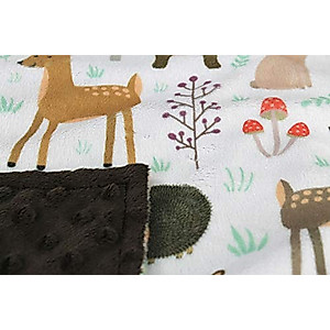 Baby Car Seat Canopy Cover - Forest Animals Bear Deer Fox Owl Rabbit with Dark Brown Minky Dot